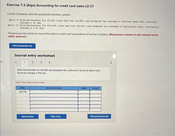 Solved Exercise 7-2 (Algo) Accounting for credit card sales | Chegg.com
