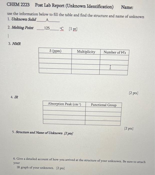 Solved CHEM 2223 Post Lab Report (Unknown Identification) | Chegg.com