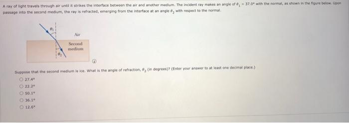 Solved A ray of light travels through air until it strikes | Chegg.com