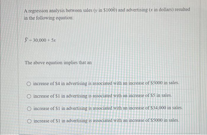 Solved A regression analysis between sales ( y in $1000) and | Chegg.com