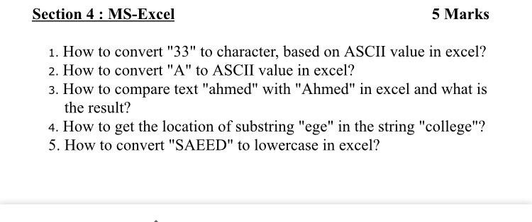 Solved Section 4 : MS-Excel 5 Marks 1. How to convert "33" | Chegg.com