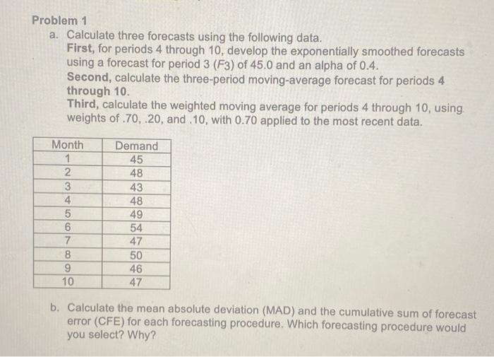Solved Problem 1 a. Calculate three forecasts using the | Chegg.com