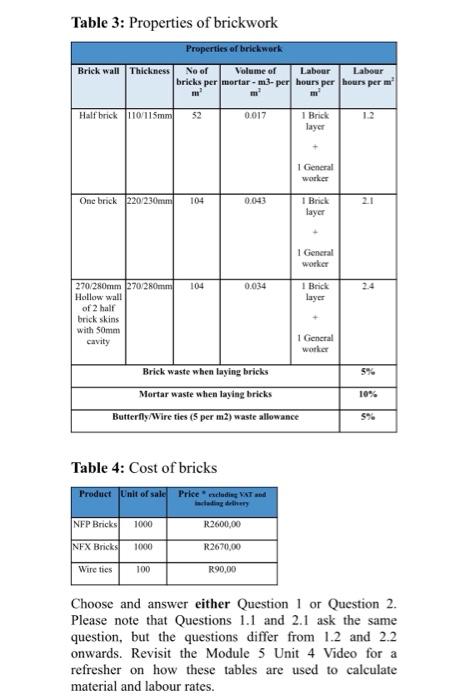 Solved Table 3: Properties of brickwork Table 4: Cost of | Chegg.com