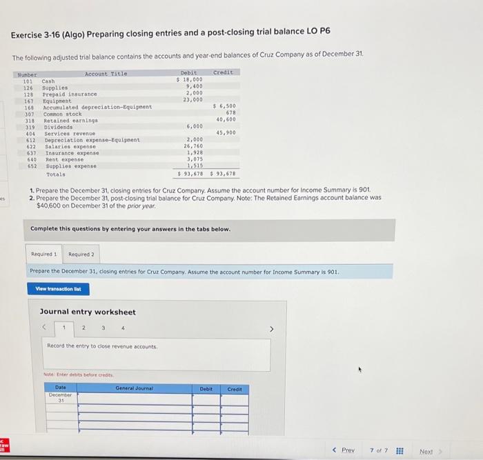 Solved Exercise 3-16 (Algo) Preparing closing entries and a | Chegg.com