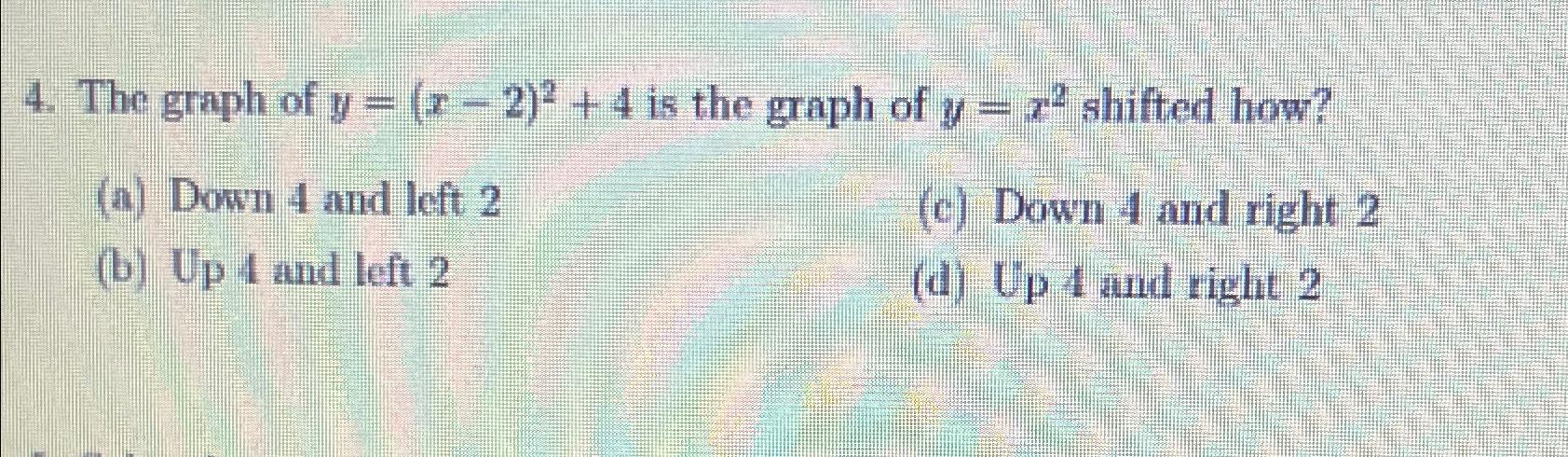 Solved The graph of y=(x-2)2+4 ﻿is the graph of y=x2 | Chegg.com