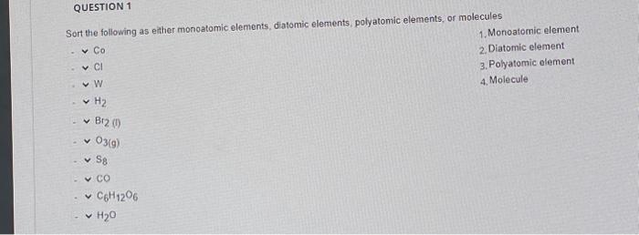 Solved QUESTION 1 Sort the following as either monoatomic | Chegg.com