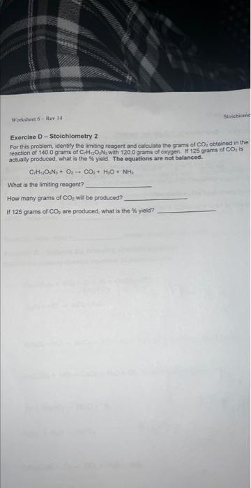 Exercise D-Stoiehiometry 2 For this problem, identify | Chegg.com