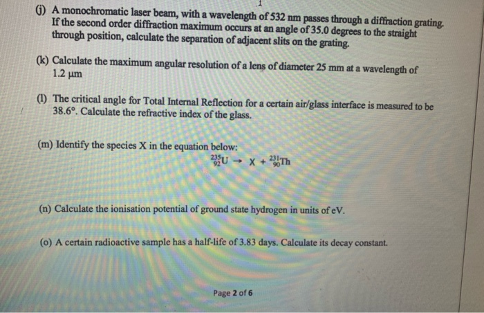 Solved (1) A monochromatic laser beam, with a wavelength of | Chegg.com