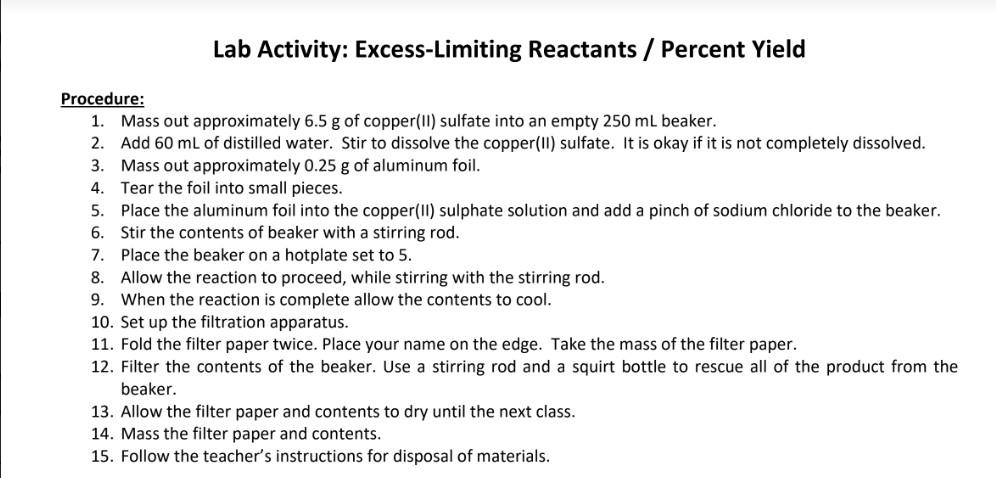 Solved Lab Activity: Excess-Limiting Reactants / Percent | Chegg.com