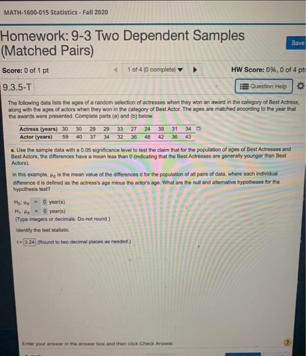 Solved MATH-1600-015 Statistics - Fall 2020 Homework: 9-3 | Chegg.com