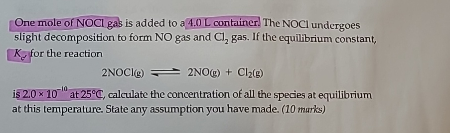 Solved One mole of NOCl gas is added to a 4.0 ﻿L container. | Chegg.com