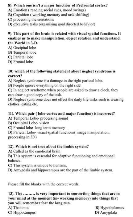 Solved 8). Which one isn't a major function of Prefrontal | Chegg.com