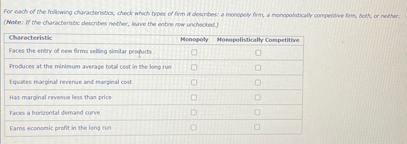 Solved For each of the following characteristics, check | Chegg.com