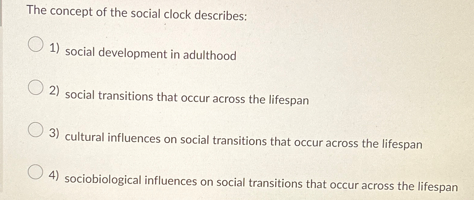 Solved The concept of the social clock describes:social | Chegg.com