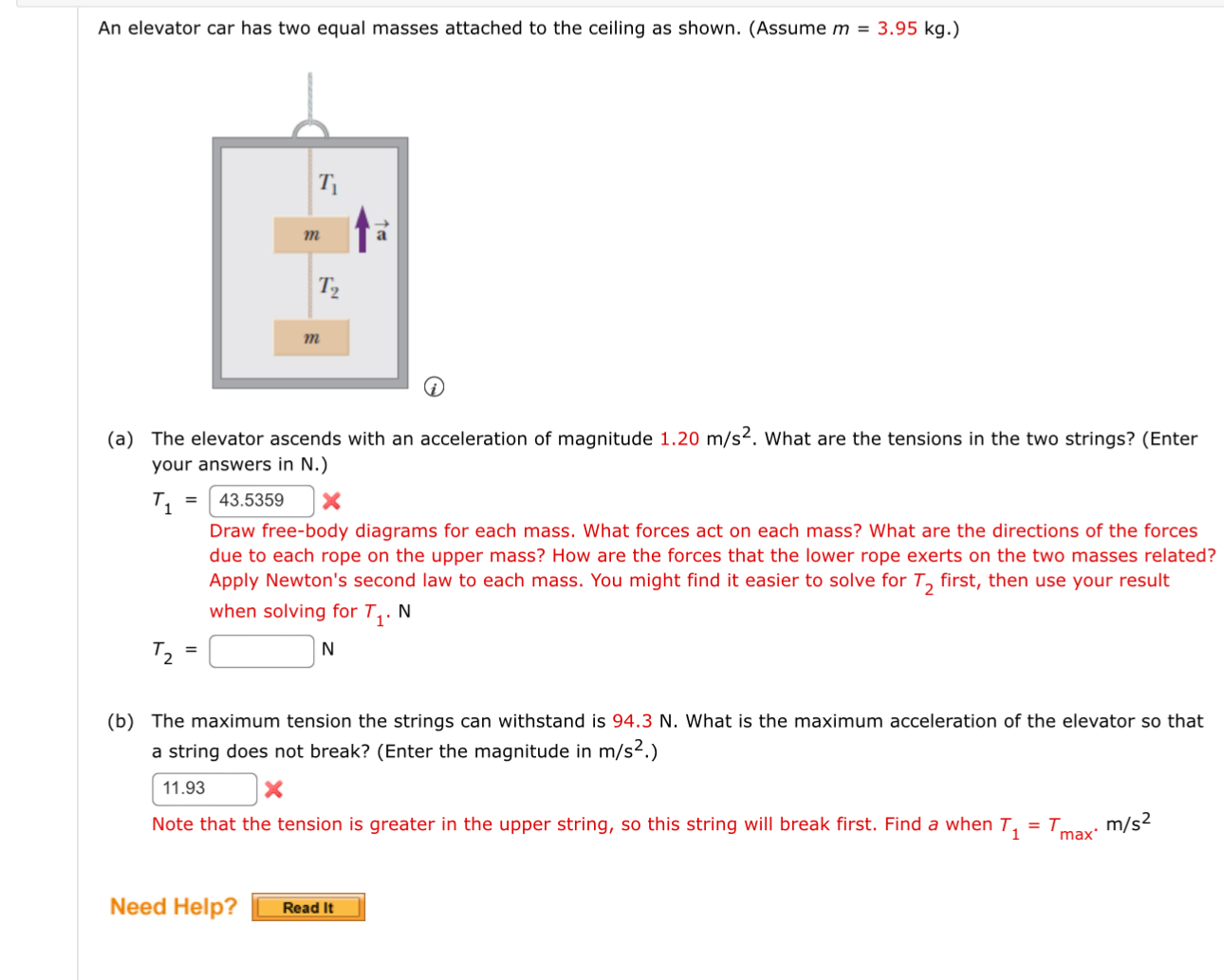 Solved An elevator car has two equal masses attached to the | Chegg.com