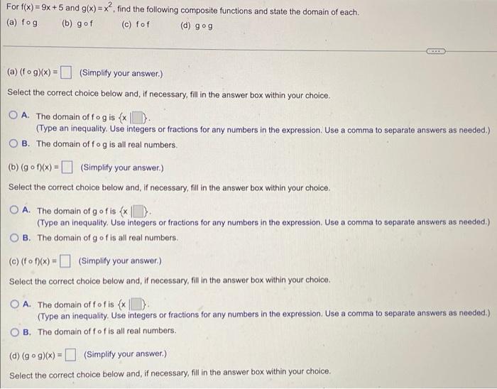 Solved For f(x)=9x+5 and g(x)=x², find the following | Chegg.com