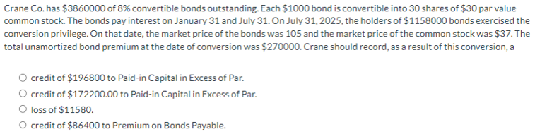 Solved Crane Co. ﻿has $3860000 ﻿of 8% ﻿convertible bonds | Chegg.com