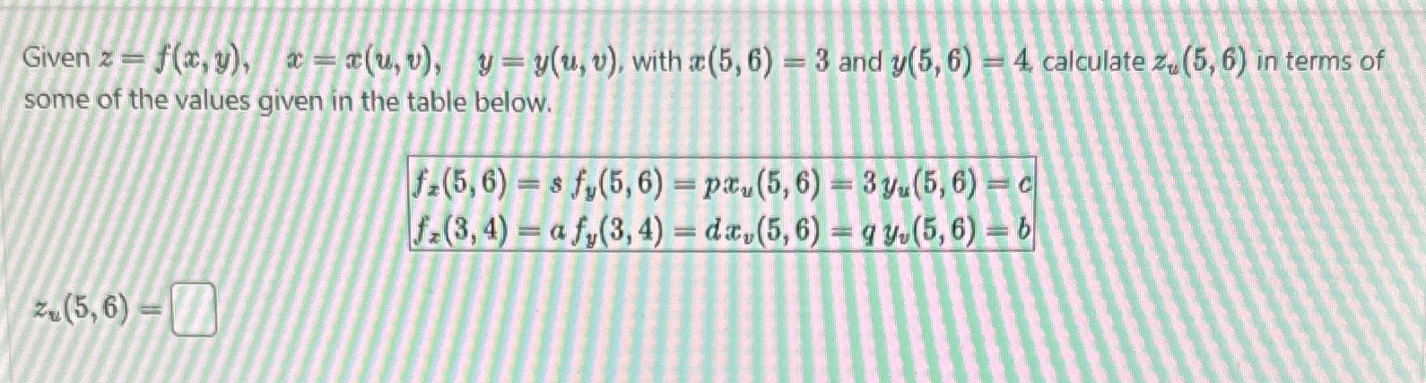 Solved Given z=f(x,y),x=x(u,v),y=y(u,v), ﻿with x(5,6)=3 ﻿and | Chegg.com