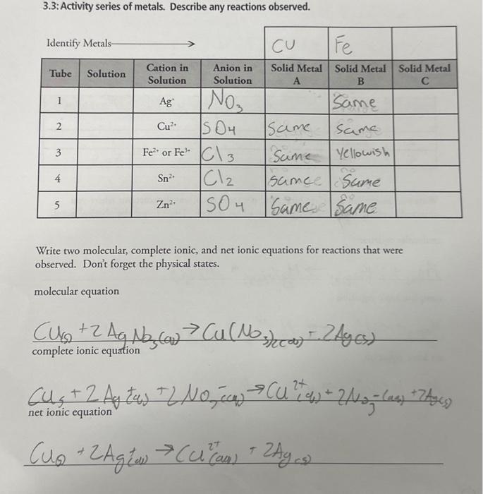 Solved 3.3: Activity series of metals. Describe any | Chegg.com
