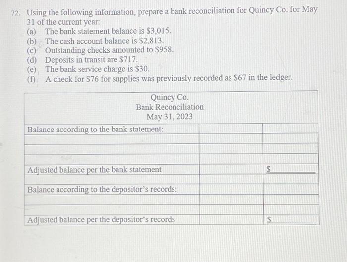 Solved using the following information, prepare a bank | Chegg.com