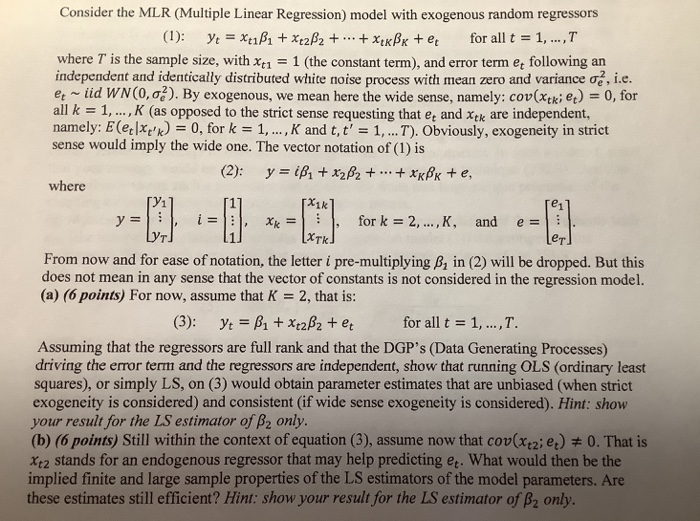 Y Consider the MLR (Multiple Linear Regression) model | Chegg.com