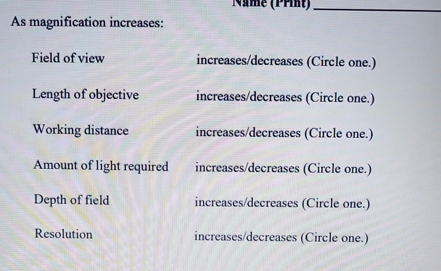 Solved As magnification increases: Field of view Length of | Chegg.com