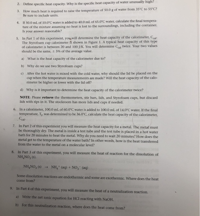 Solved 2. Define specific heat capacity. Why is the specific | Chegg.com
