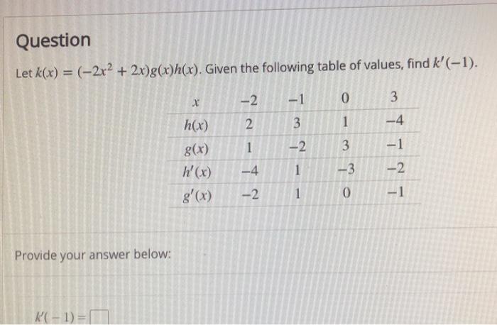 Solved Question Let k(x) = (-2x2 + 2x)g(x)h(x). Given the | Chegg.com
