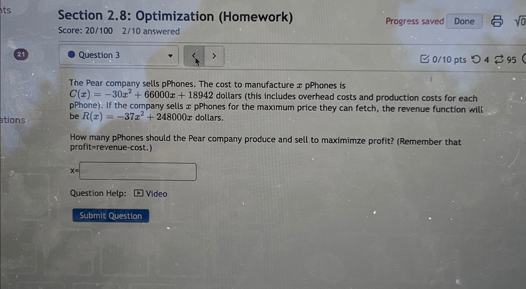 Solved Section 2.8: Optimization (Homework)Score: | Chegg.com