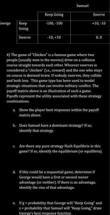 Solved 4) The game of "Chicken" is a famous game where two | Chegg.com
