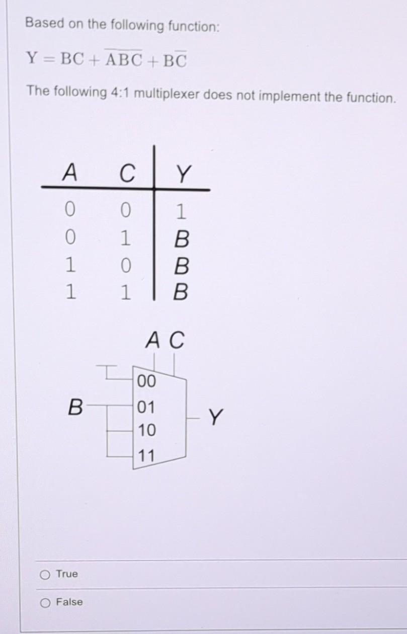 Solved Based on the following function: Y=BC+ABC+BC The | Chegg.com