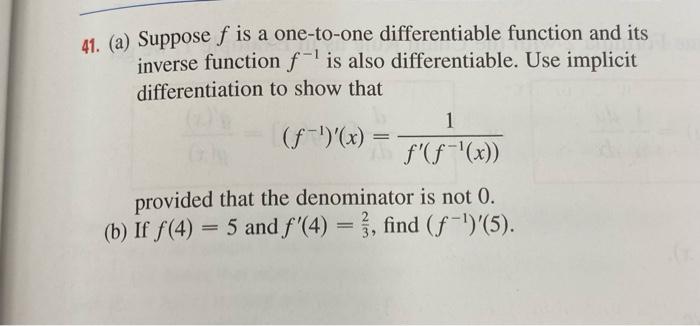Solved 41. (a) Suppose f is a one-to-one differentiable | Chegg.com