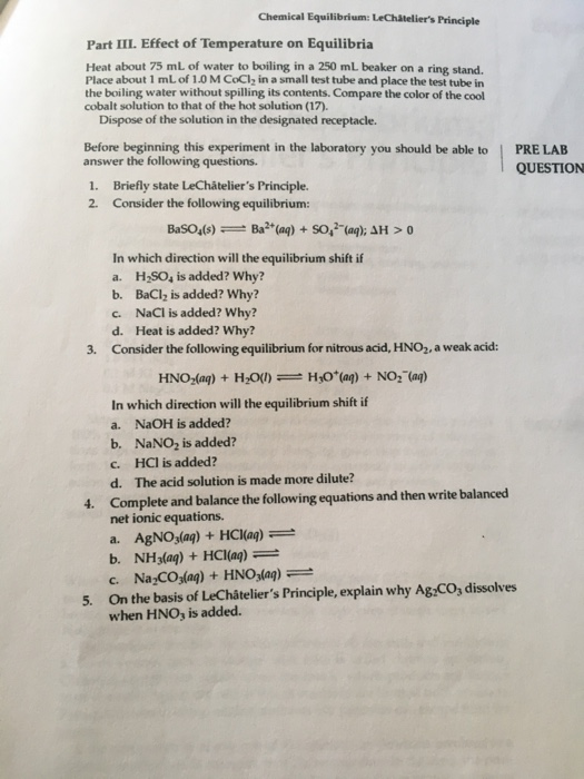Solved Chemical Equilibrium: LeChatelier's Principle Part | Chegg.com