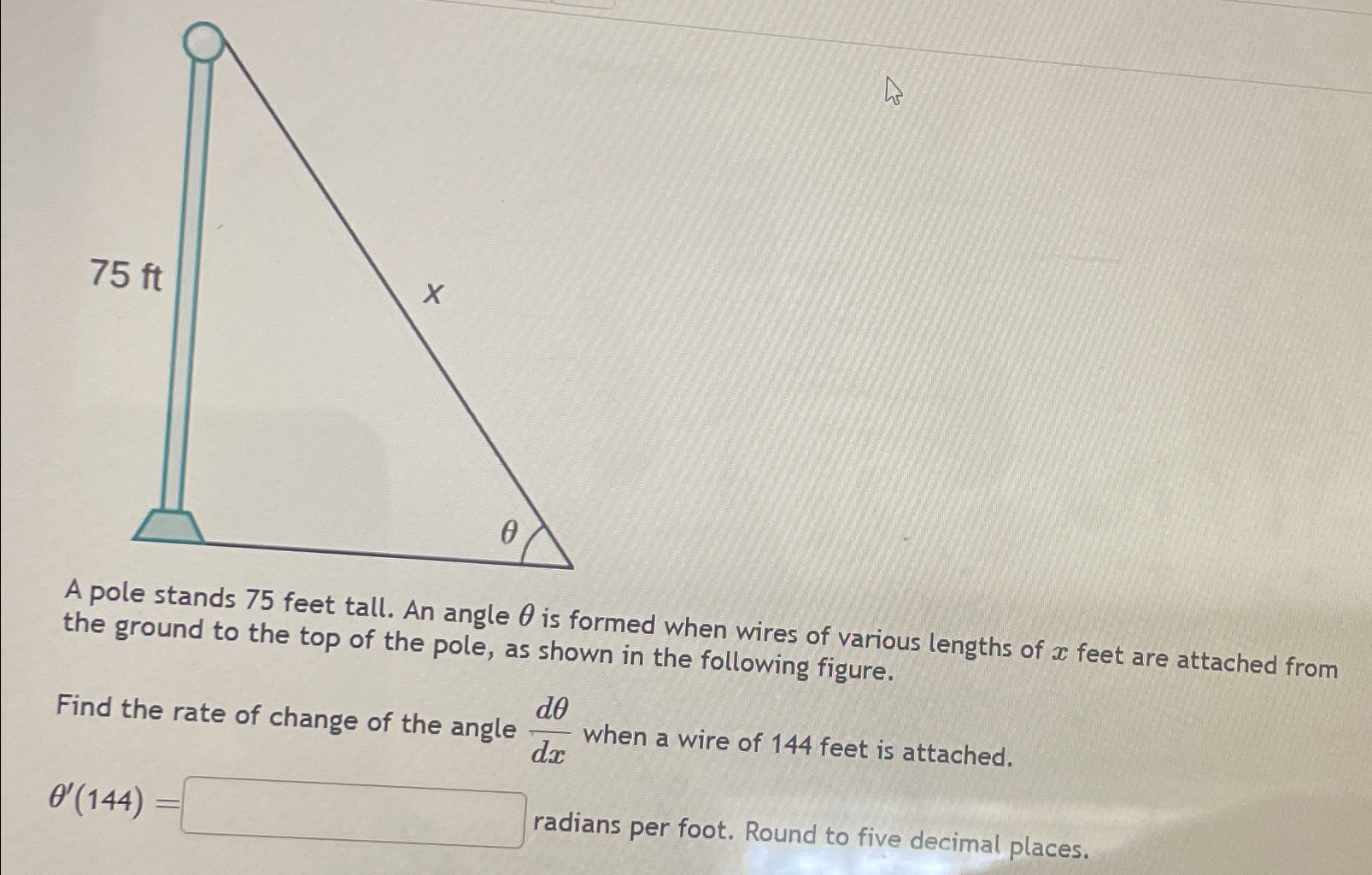 Solved A pole stands 75 ﻿feet tall. An angle θ ﻿is formed | Chegg.com