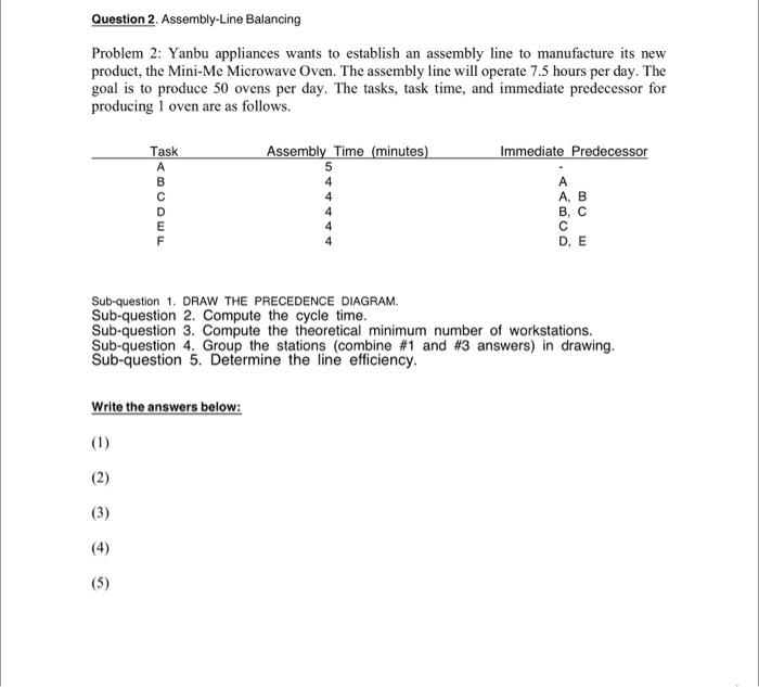 Solved Question 2 Assembly Line Balancing Problem 2 Yanbu 