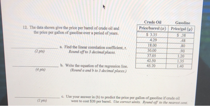 Solved 12. The data shown give the price per barrel of crude | Chegg.com