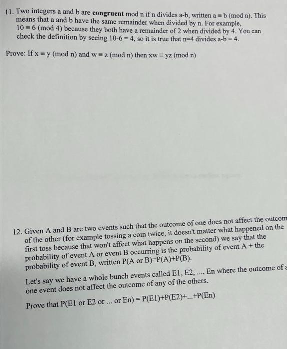 Solved 11. Two integers a and b are congruent mod n if n | Chegg.com