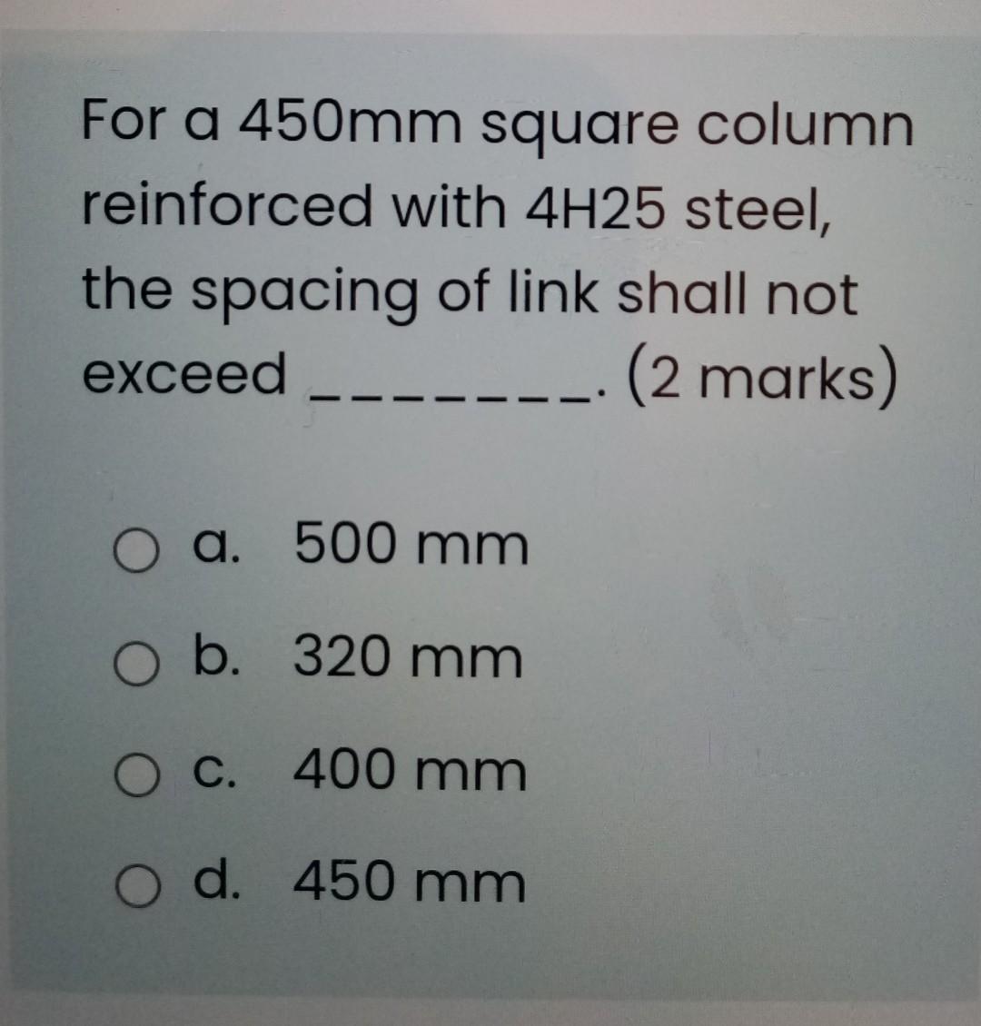 Solved For a 450mm square column reinforced with 4H25 steel, | Chegg.com