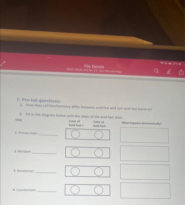 F. Pre-lab questions: 1. How does cell biochemistry | Chegg.com
