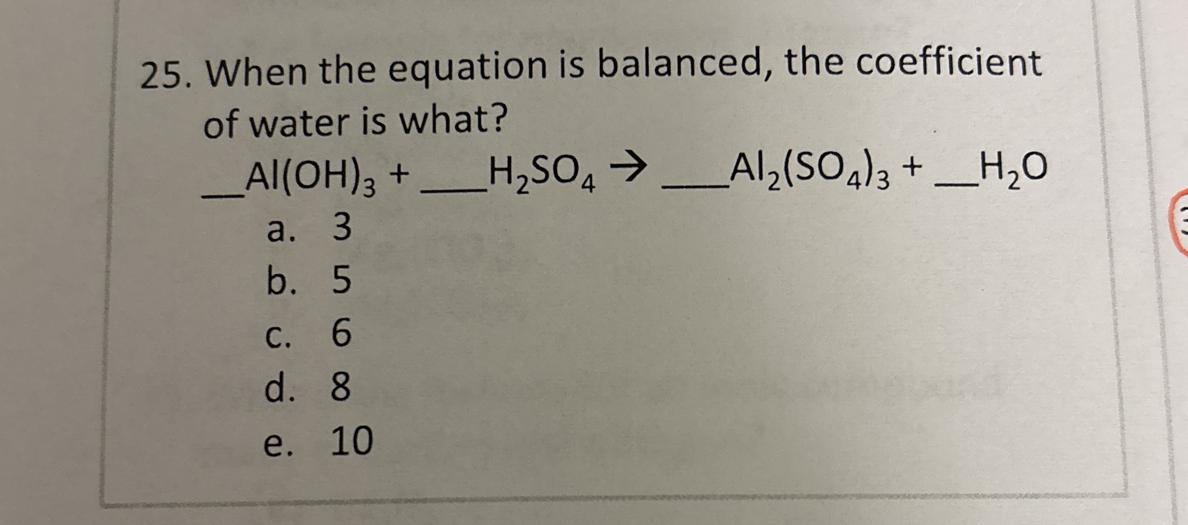 Solved When the equation is balanced, the coefficient of | Chegg.com