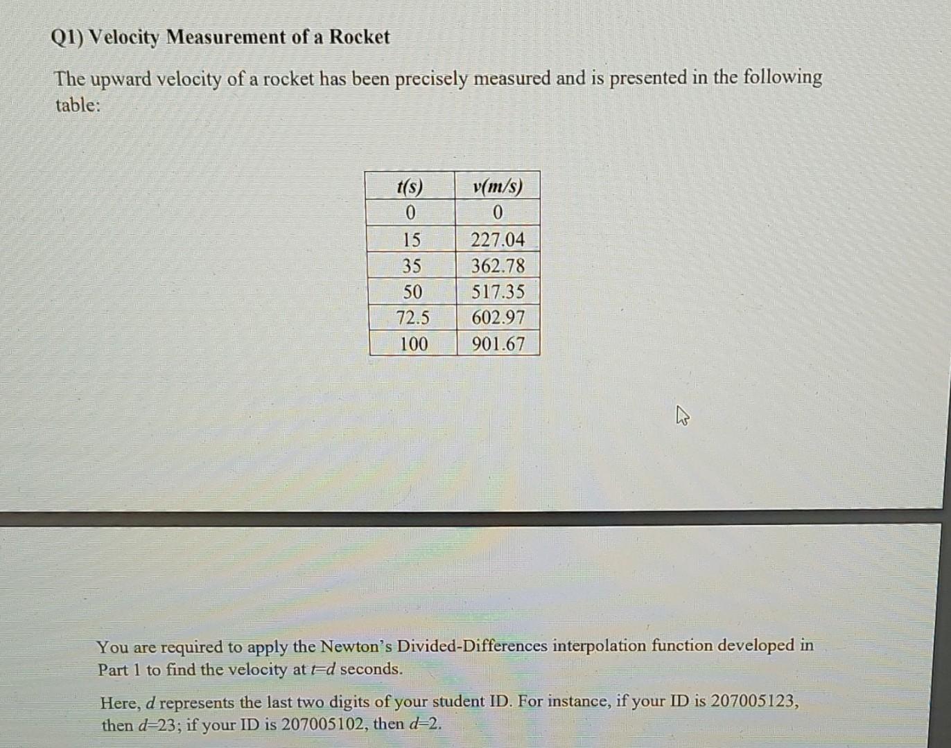 Solved Q1) Velocity Measurement of a Rocket The upward | Chegg.com