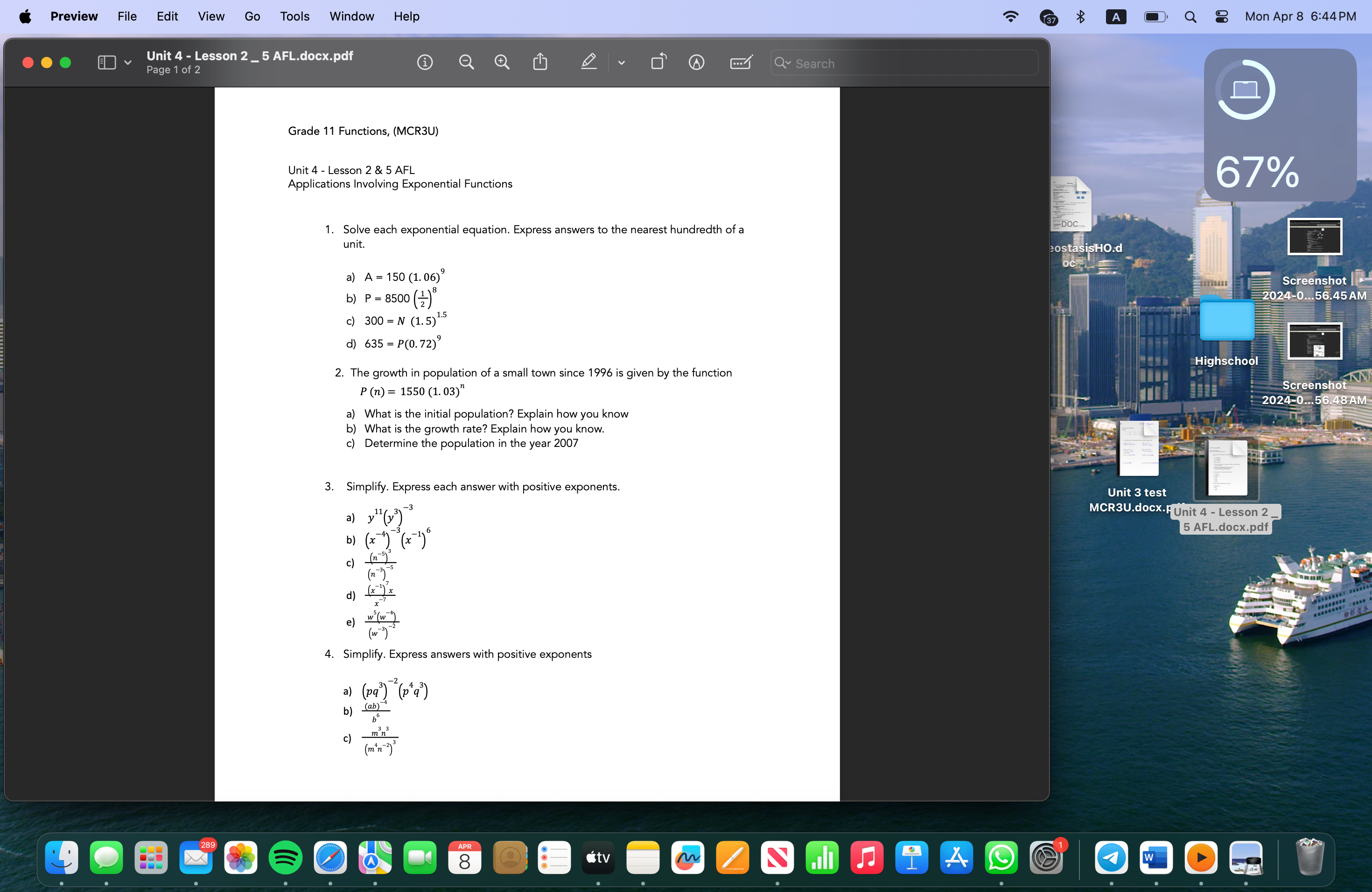 Solved Grade 11 ﻿Functions, (MCR3U)Unit 4 - ﻿Lesson 2 ﻿& 5 | Chegg.com