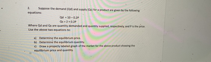 Solved 2. Suppose the demand (Qd) and supply (Qs) for a | Chegg.com