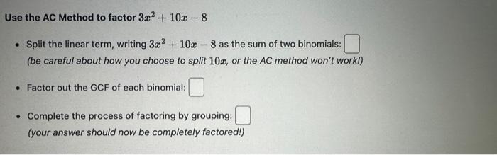 Solved Use the AC Method to factor x2−17x+72 - Split the | Chegg.com