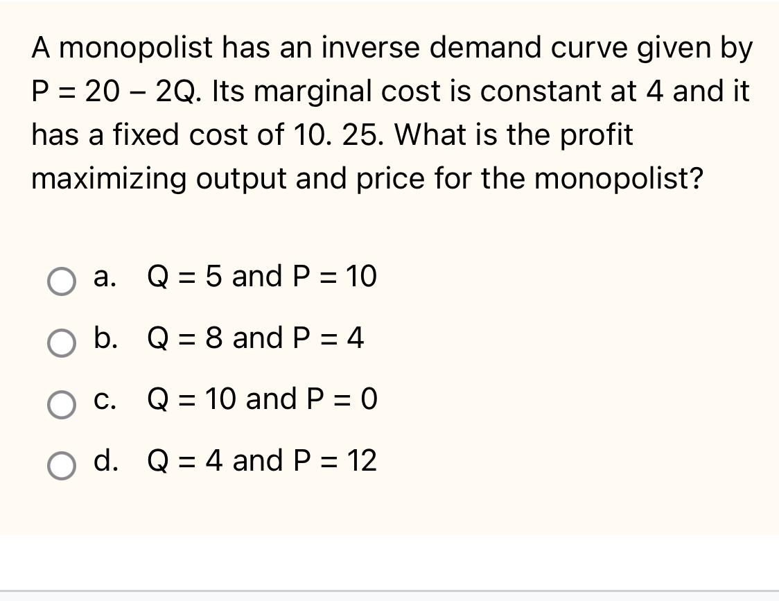 Solved A monopolist has an inverse demand curve given by | Chegg.com