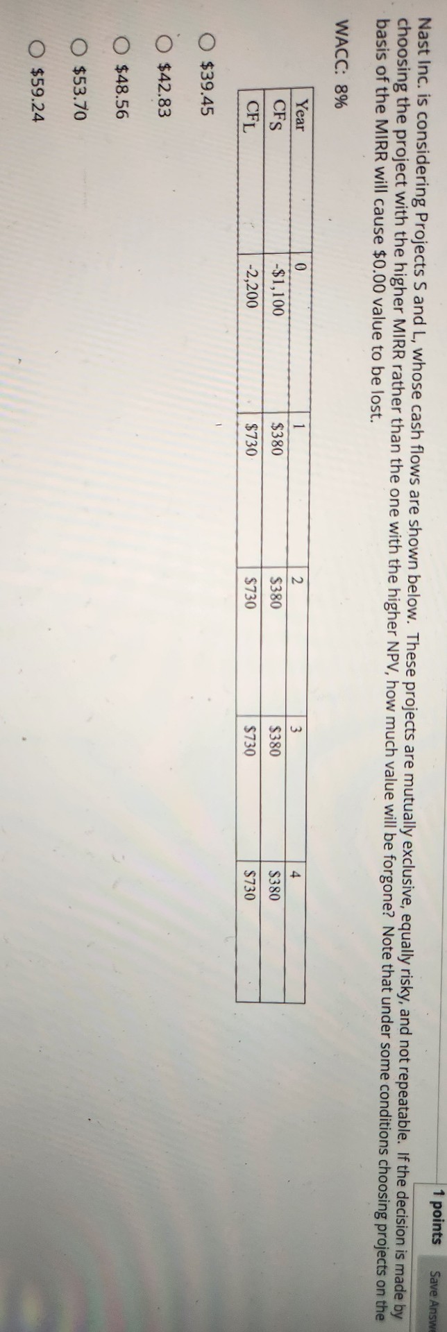 Solved Nast Inc. is considering Projects S and L, whose cash | Chegg.com