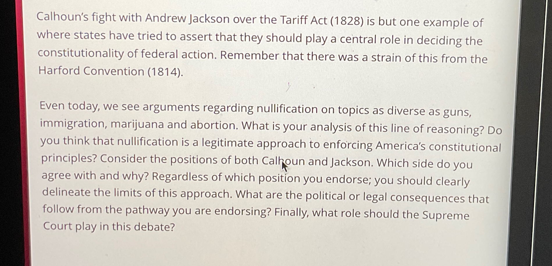 Solved Calhoun's fight with Andrew Jackson over the Tariff | Chegg.com