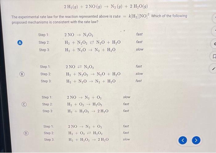 Solved 2H2(g)+2NO(g)→N2(g)+2H2O(g) The experimental rate law | Chegg.com