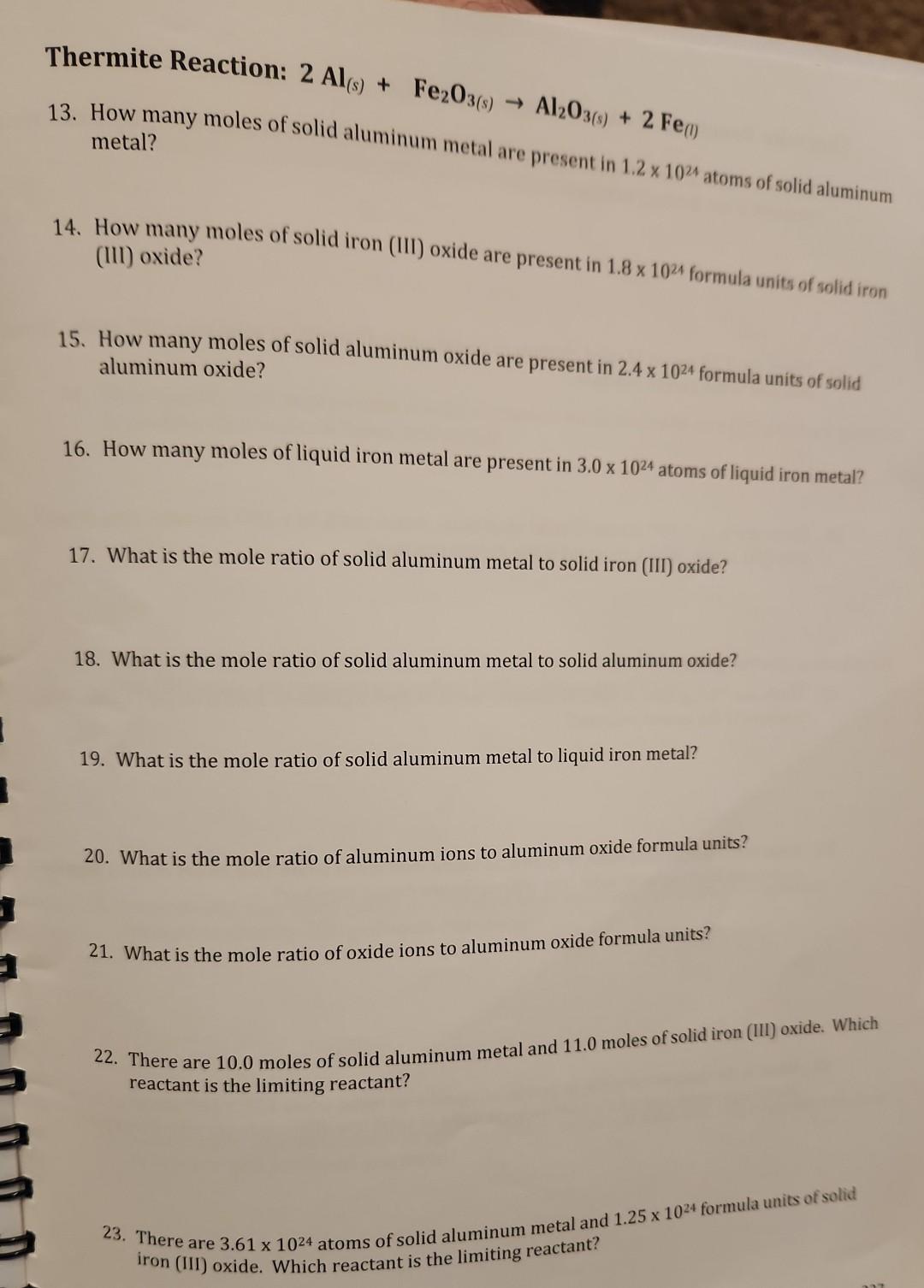 Solved Thermite Reaction: 2Al(s)+Fe2O3(s)→Al2O3(s)+2Fe(I) | Chegg.com