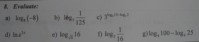 Solved Evaluate: log8 (-8) log5 1 / 125 3log3 15-log3 3 | Chegg.com